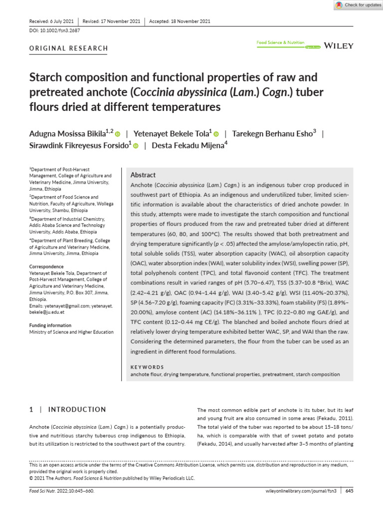 Food Science Nutrition - 2022 - Bikila - Starch Composition and ...