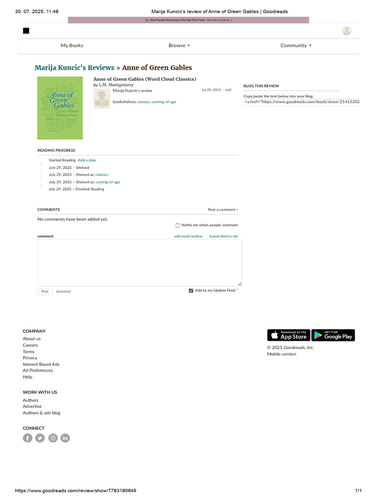 Marija Kuncic's Review of Anne of Green Gables - Goodreads | PDF | Anne ...