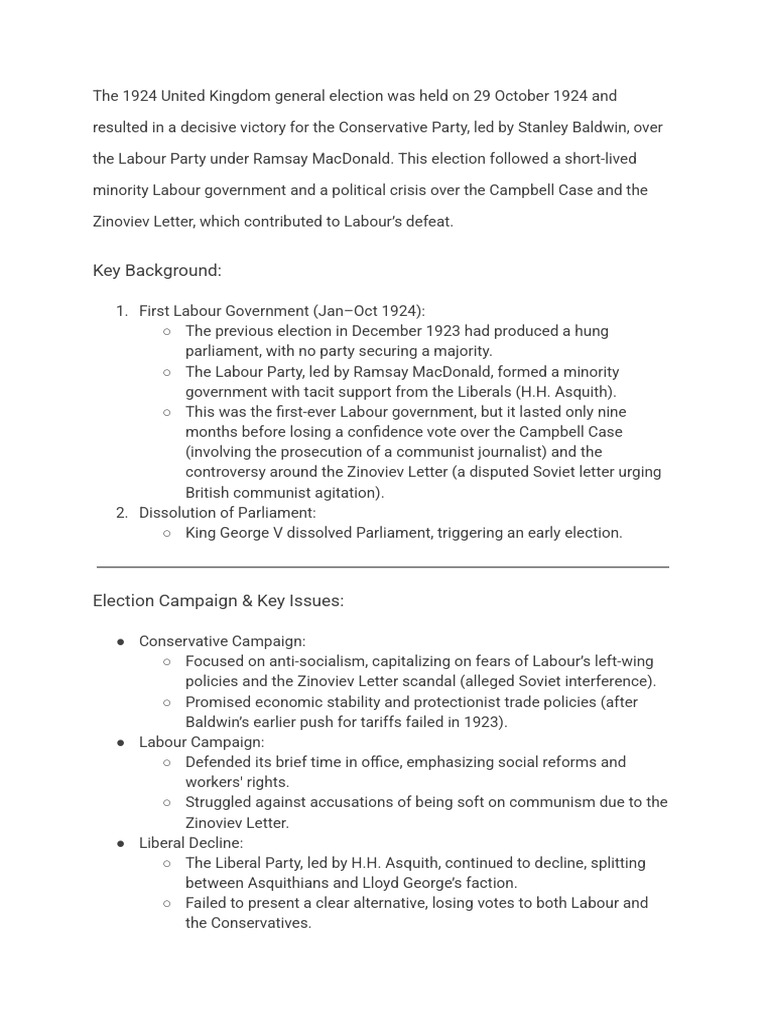 1924 UK General Election Overview | PDF | Liberal Party (Uk) | Labour ...