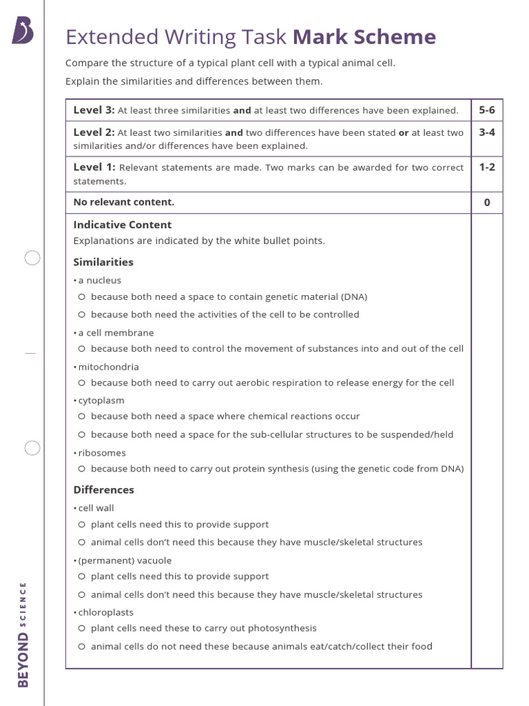 Plant and Animal Cells Extended Writing Mark Scheme Teacher | PDF