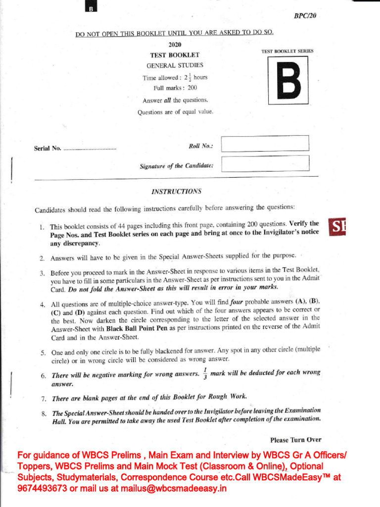 WBCS Exe. Etc. Exam Preliminary 2020 Solved Question Paper Set B WBCS ...