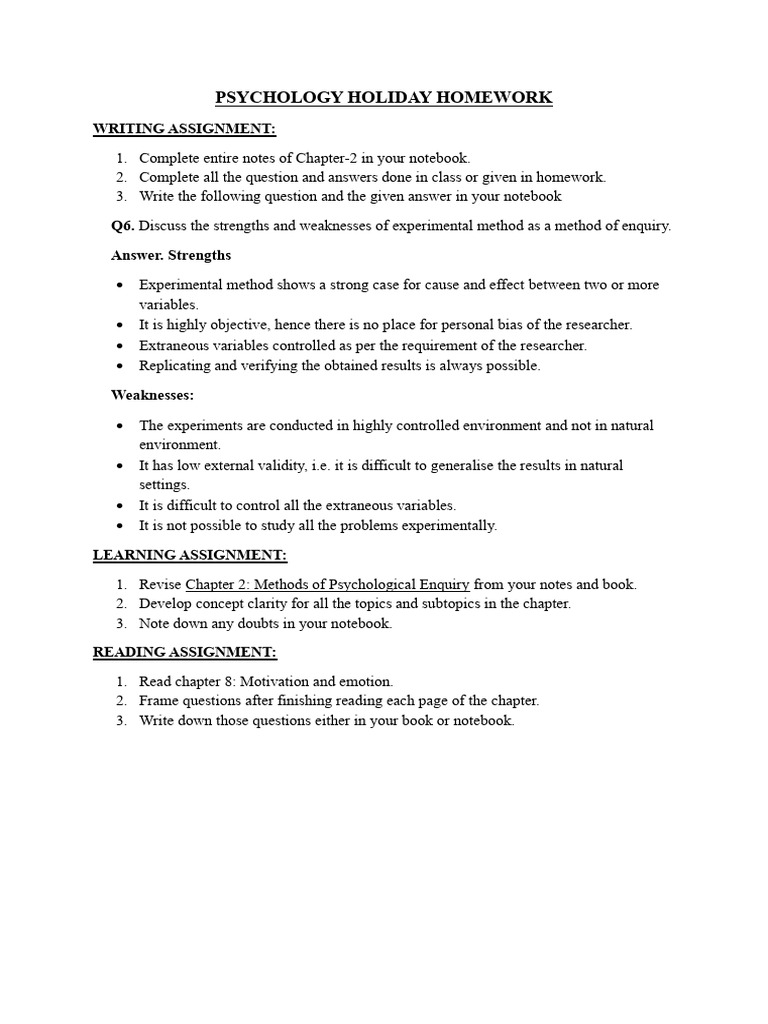 Psychology Holiday Homework | PDF