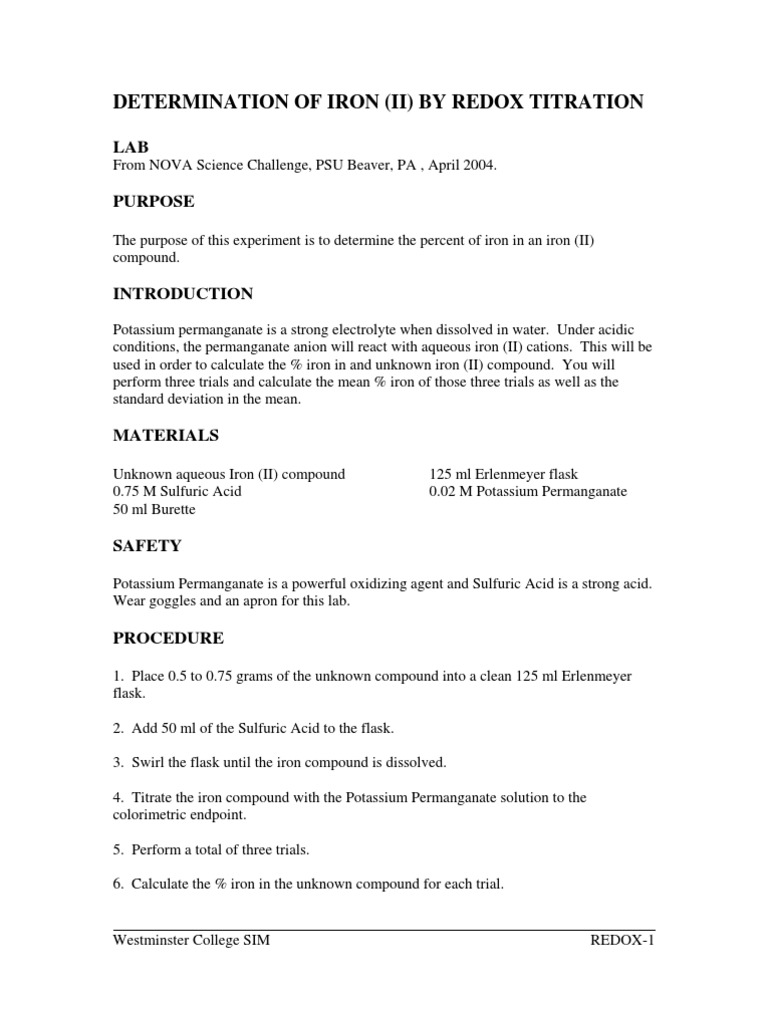 Iron(II) Determination by Redox Titration | PDF