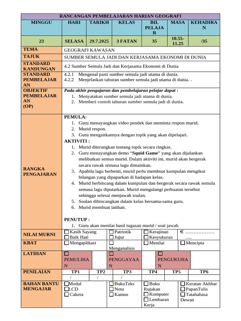 Contoh RPH GEO TINGKATAN 3 KSSM | PDF