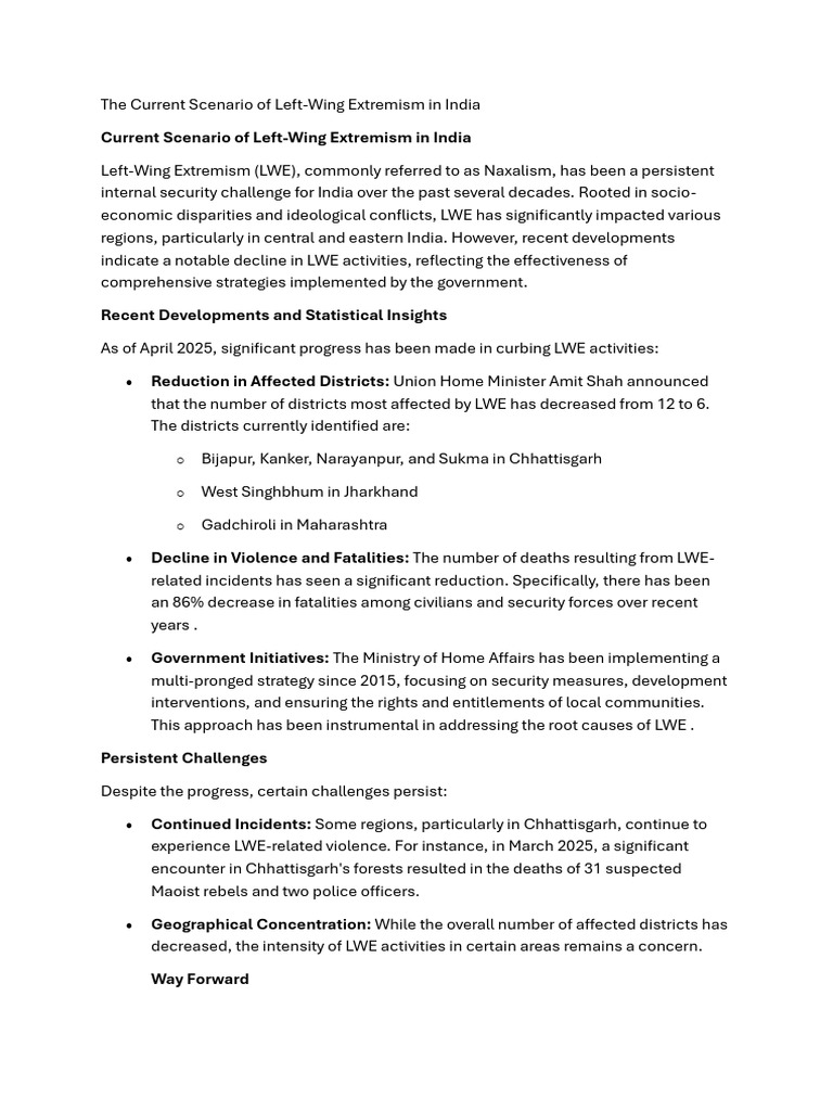 Decline of Left-Wing Extremism in India | PDF