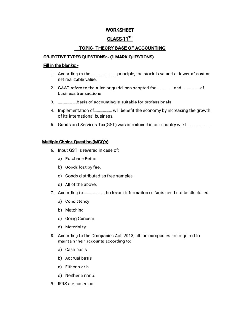 WORKSHEET 11th Accounts - Kendriya Vidyalaya Aurangabad | PDF