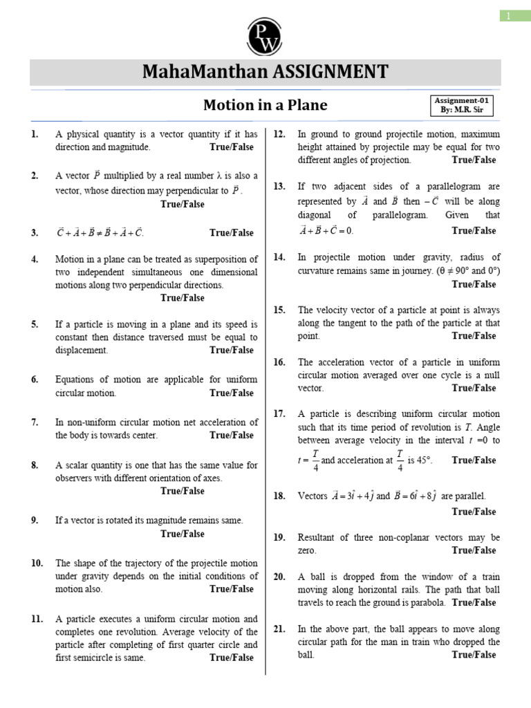 Plane Motion Assignment Questions | PDF | Acceleration | Euclidean Vector