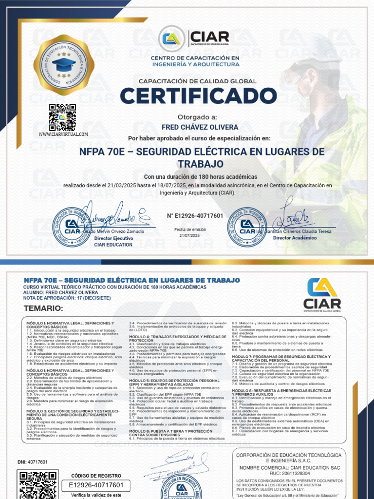 Seguridad Eléctrica en Lugares de Trabajo - E12926-40717601 - Fred Chávez Olivera | PDF