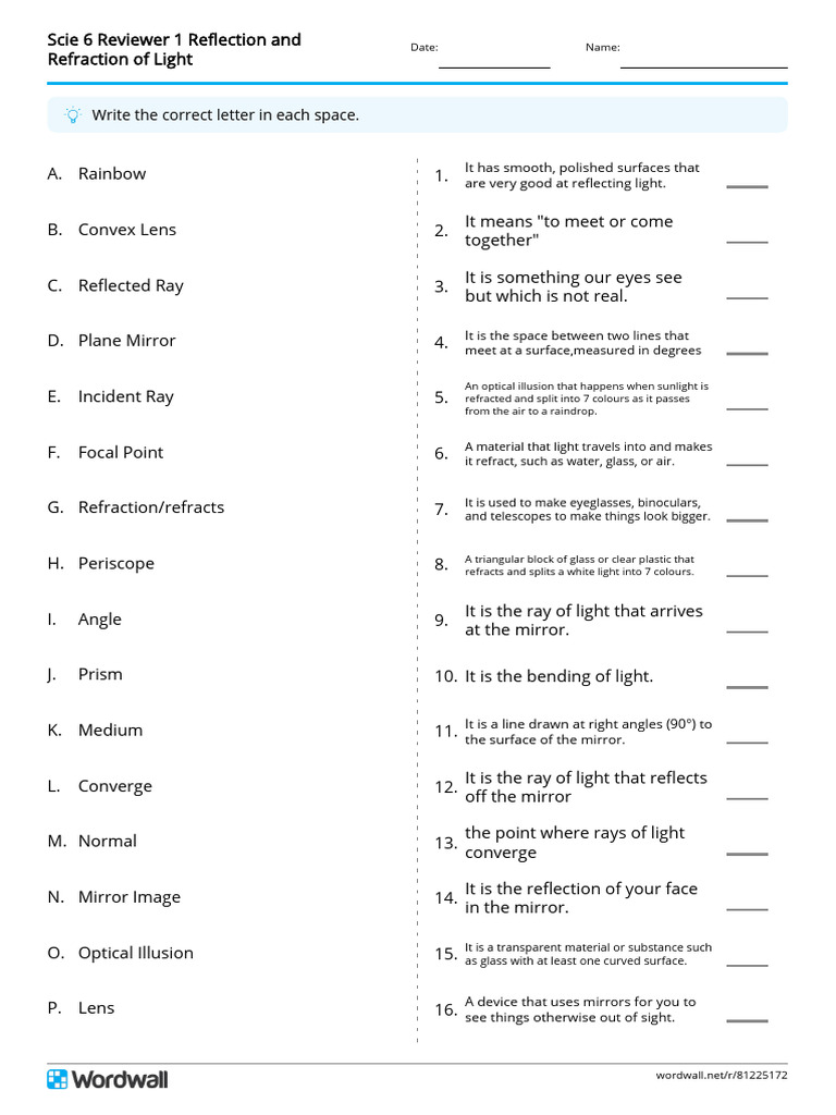 Scie 6 Reviewer 1 Reflection and Refraction of Light Match Up Write The Answer | PDF | Mirror ...