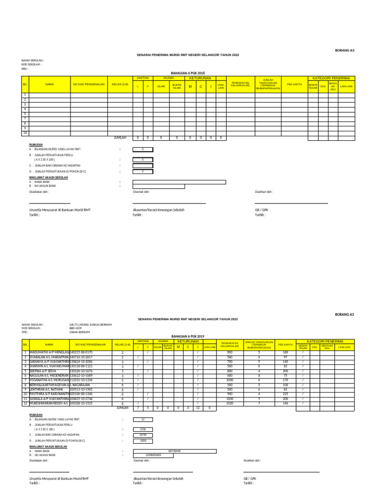 Borang RMT A3 Sekolah 2022 SJKT Ladang Sungai Bernam | PDF