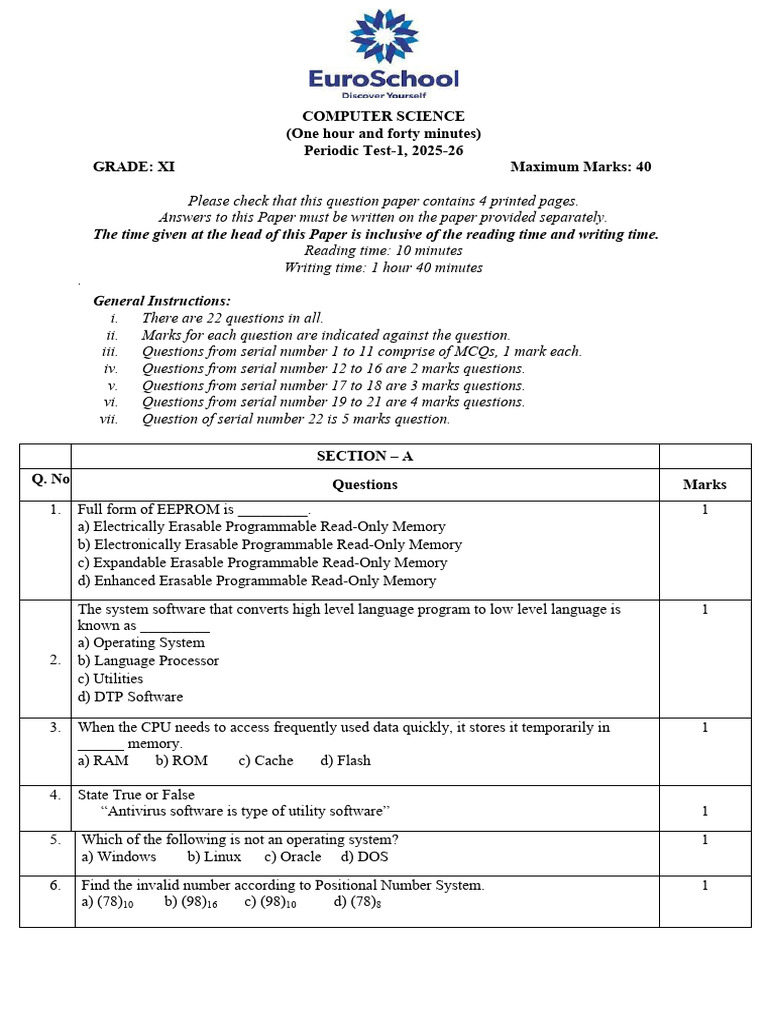 Computer Science Test Paper 2025-26 | PDF | Read Only Memory | Computer ...