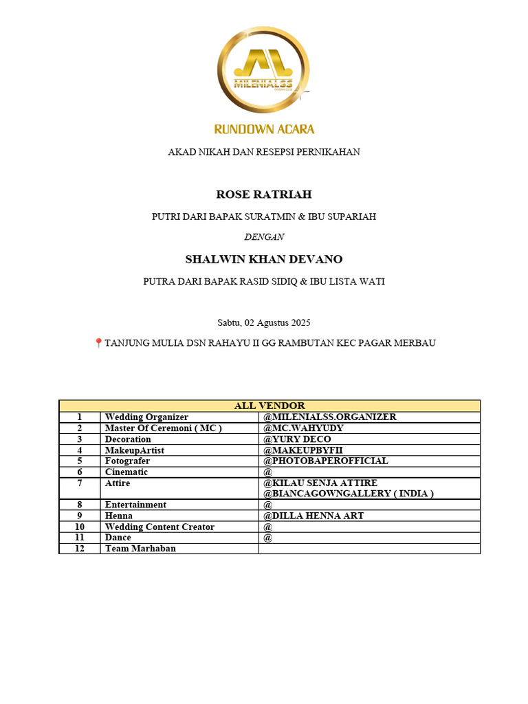 Rundown Akad Nikah Rose & Shalwin | PDF