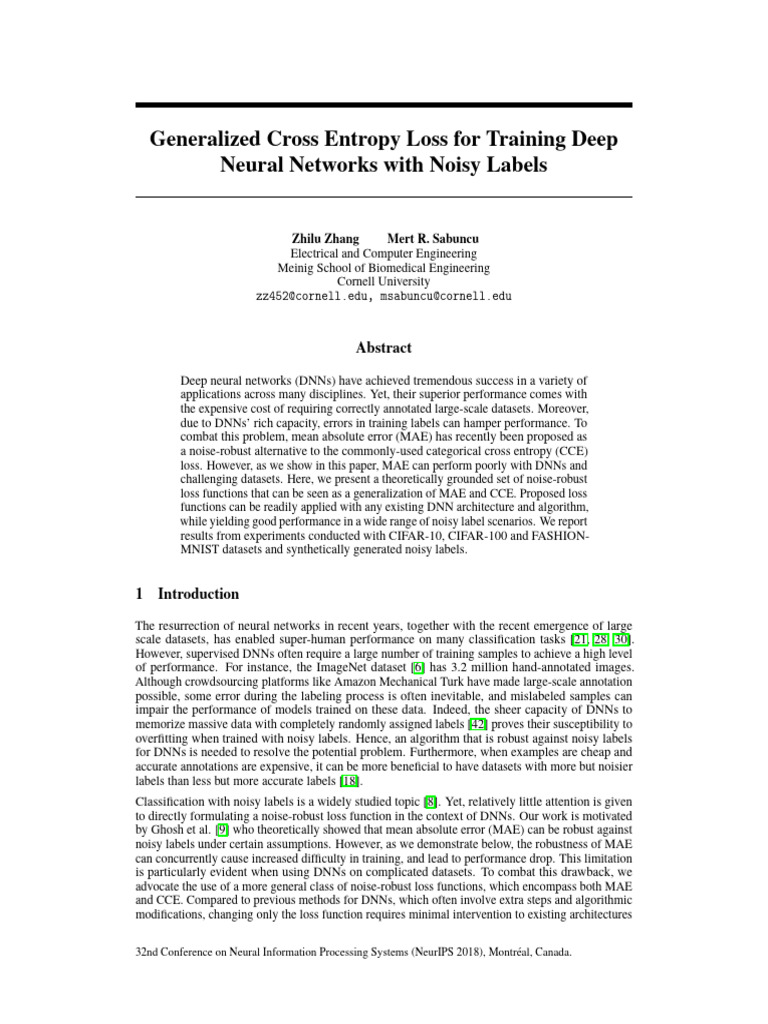 NeurIPS 2018 Generalized Cross Entropy Loss For Training Deep Neural Networks With Noisy Labels ...