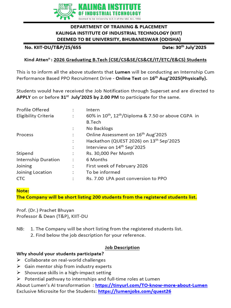 Registration For Lumen Internship Cum PPO Recruitment Drive 2026 Batch | PDF