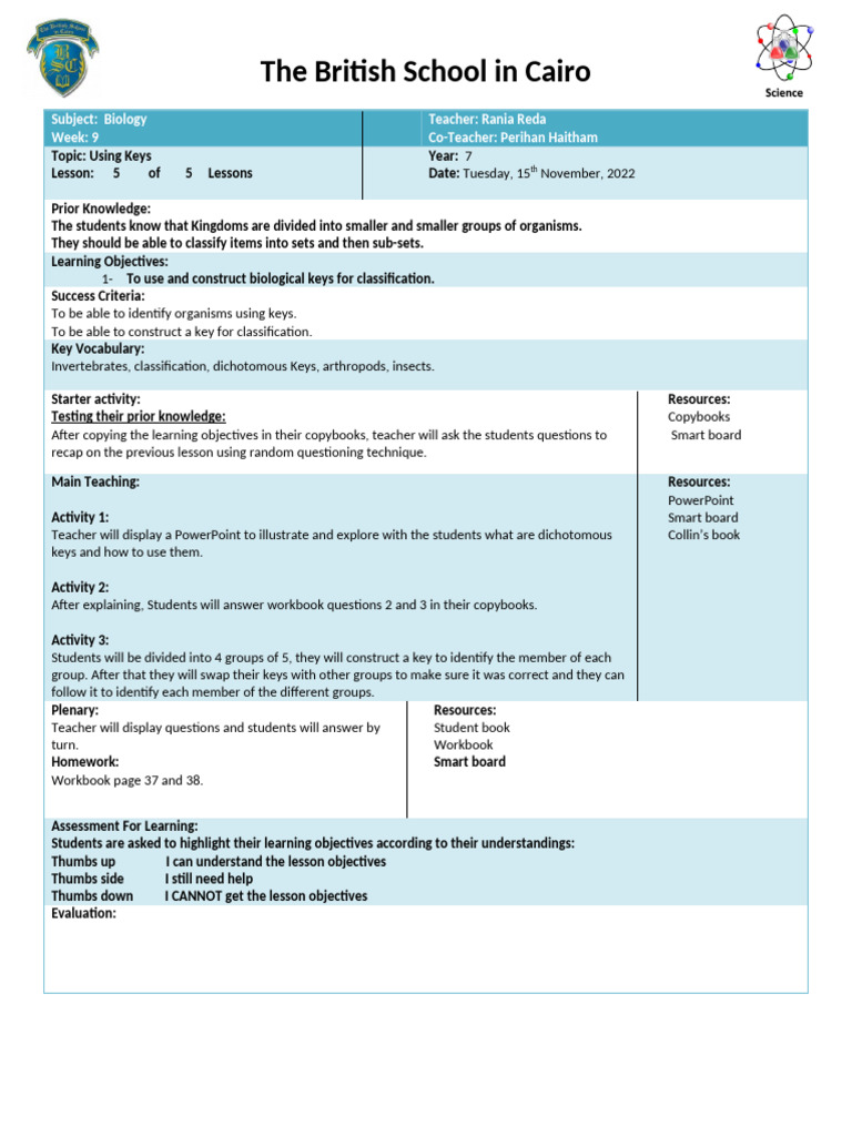 Biology Lesson: Using Keys in Classification | PDF | Behavior ...
