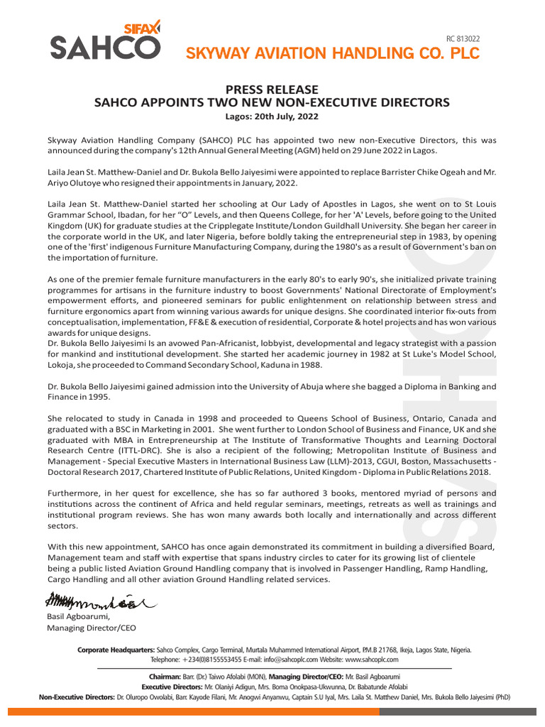 Skyway Aviation Handling Company PLC New Directors Cor | PDF | Qualifications | Business