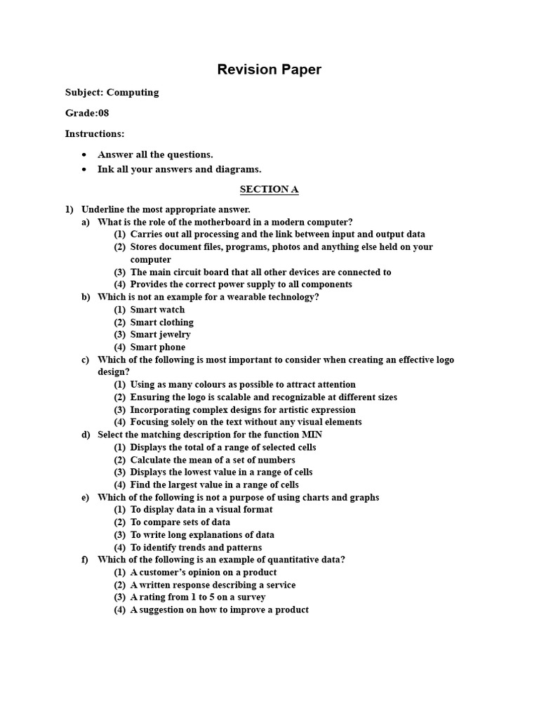 Computing Revision Paper for Grade 08 | PDF | Bit | Data Compression