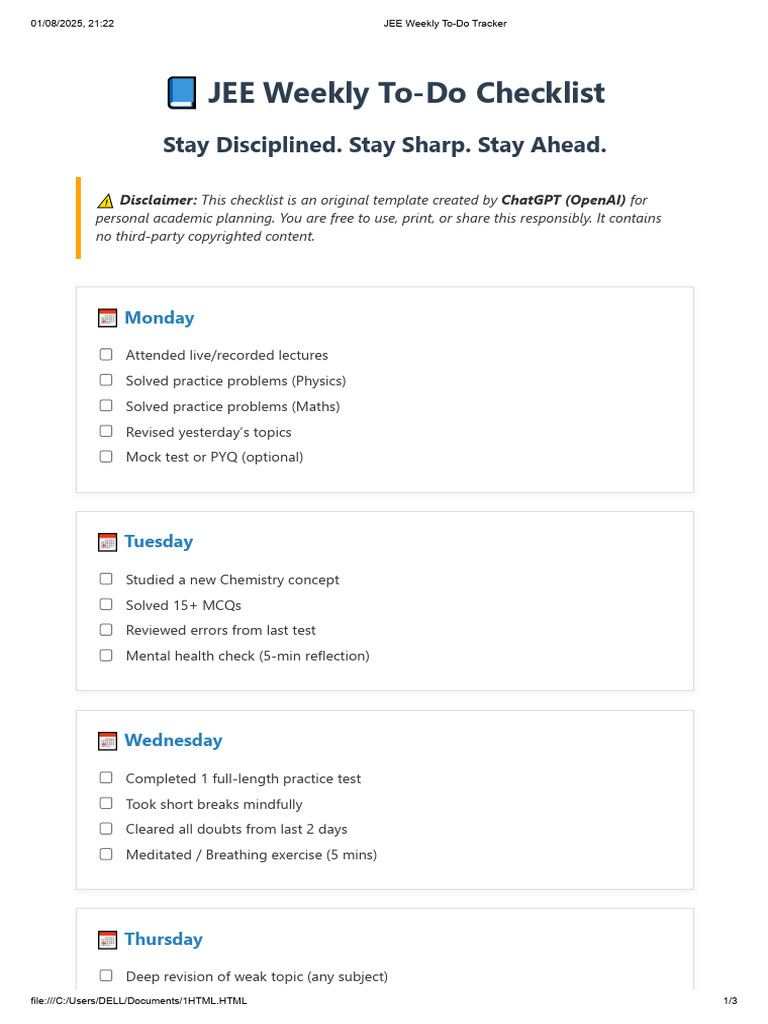 JEE Weekly To-Do Tracker TO BECOME CONSISTANCE | PDF | Multiple Choice