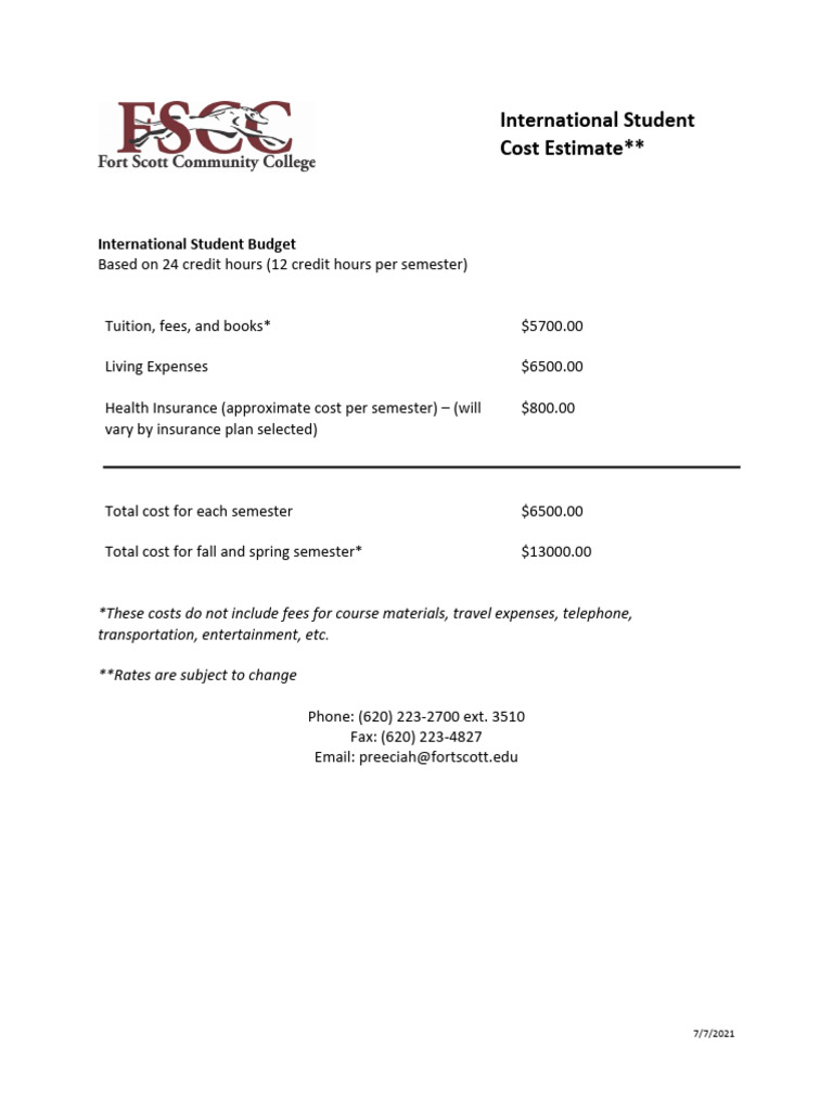 International Student Cost Estimate 0 | PDF