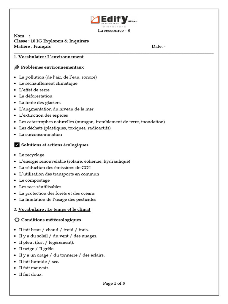 Vocabulaire sur l'environnement et le climat | PDF | Changement ...
