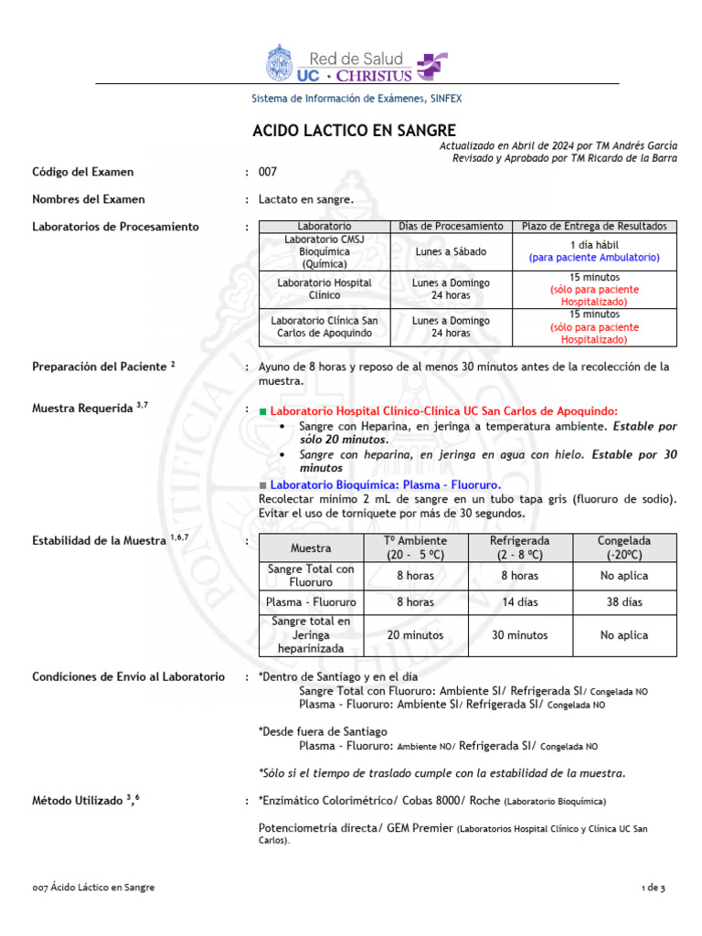 Examen de Ácido Láctico en Sangre | PDF | Ácido láctico | Fisiología