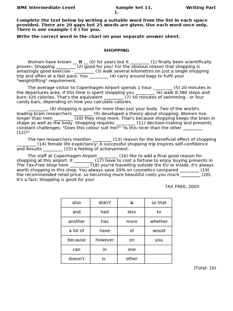 11 BME Intermediate Level - Writing Part 1. - Shopping | PDF