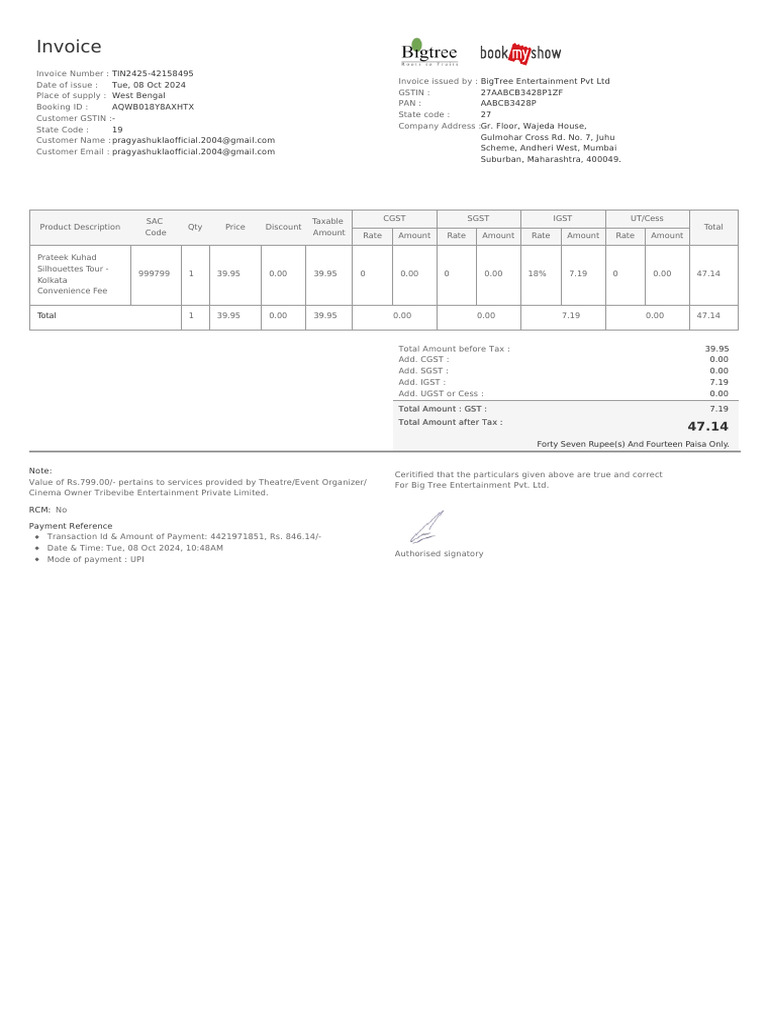 Prateek Kuhad Concert Invoice | PDF | Invoice | Taxation