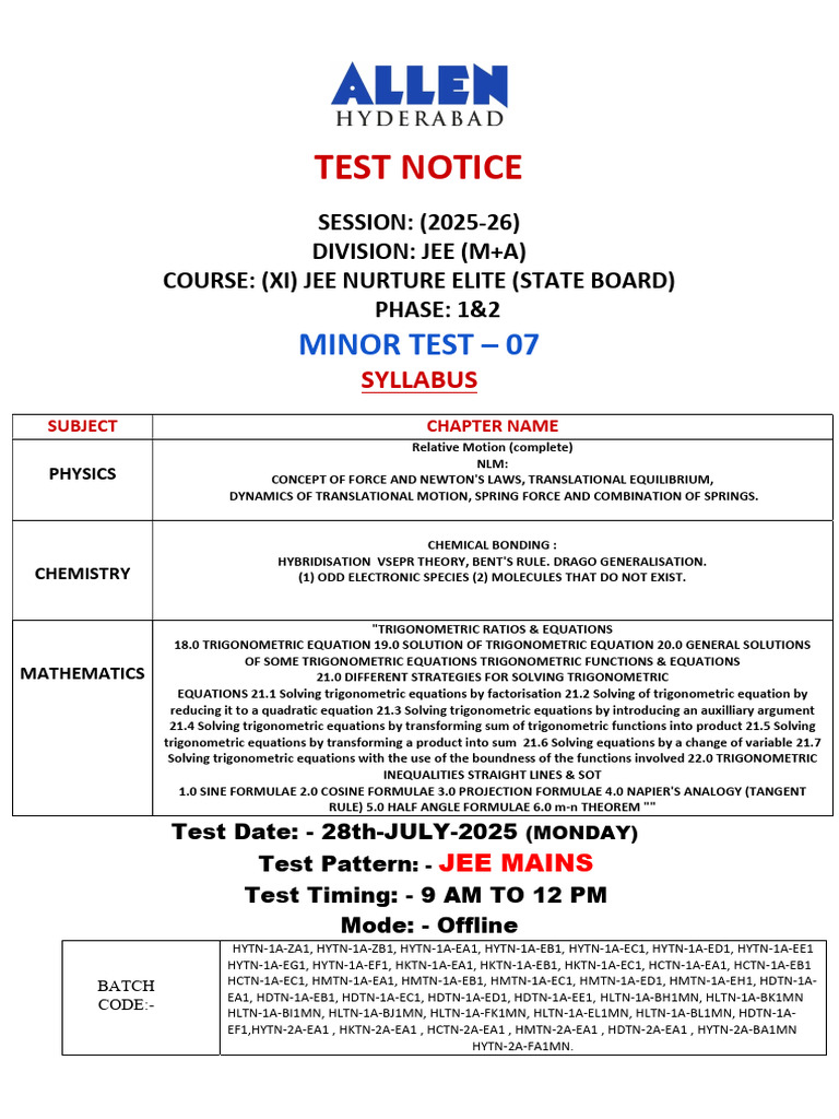 28th July Jee Nurture Elite Test Notice (State Board) .Done | PDF ...