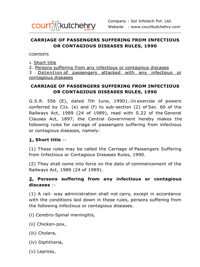 Carriage of Passengers Suffering From Infectious or Contagious Diseases ...
