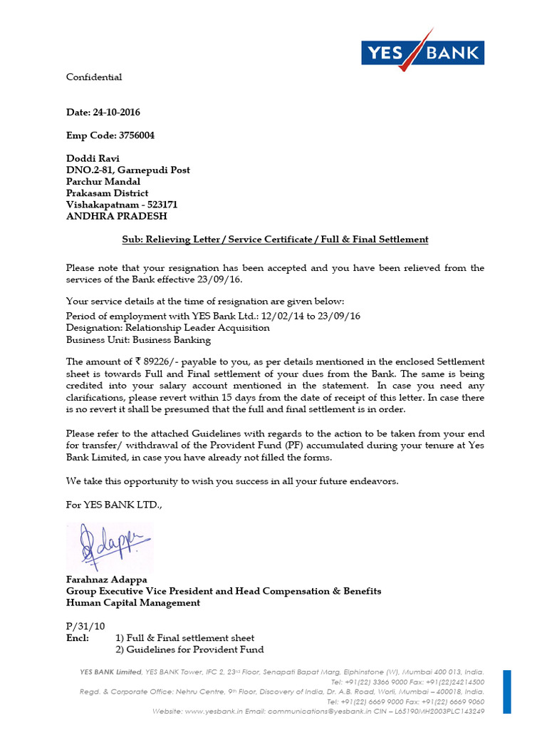 Yes Bank Relieving Letter & Settlement | PDF