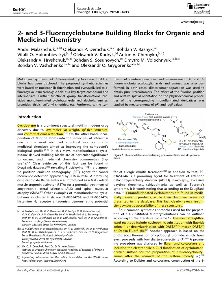 2 - and 3-Fluorocyclobutane Building Blocks For Org | PDF | Ester | Amine