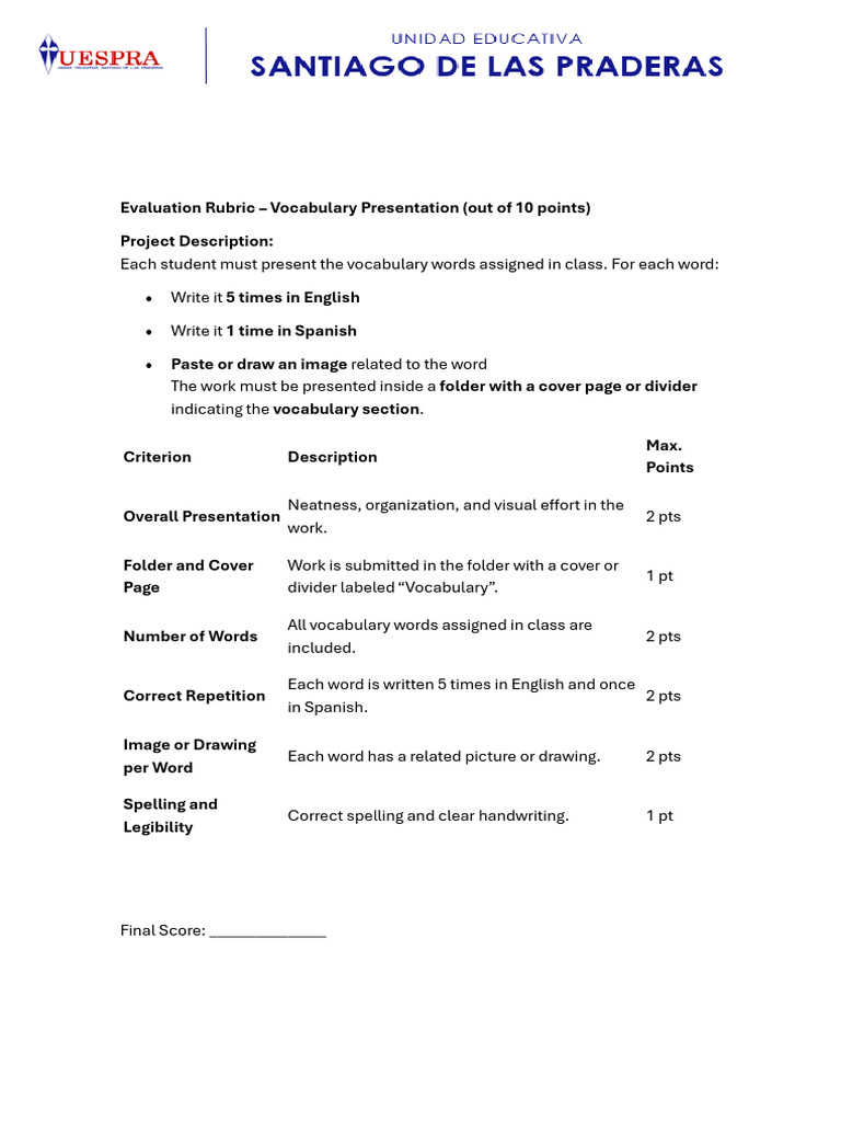 Vocabulary Rubric | PDF