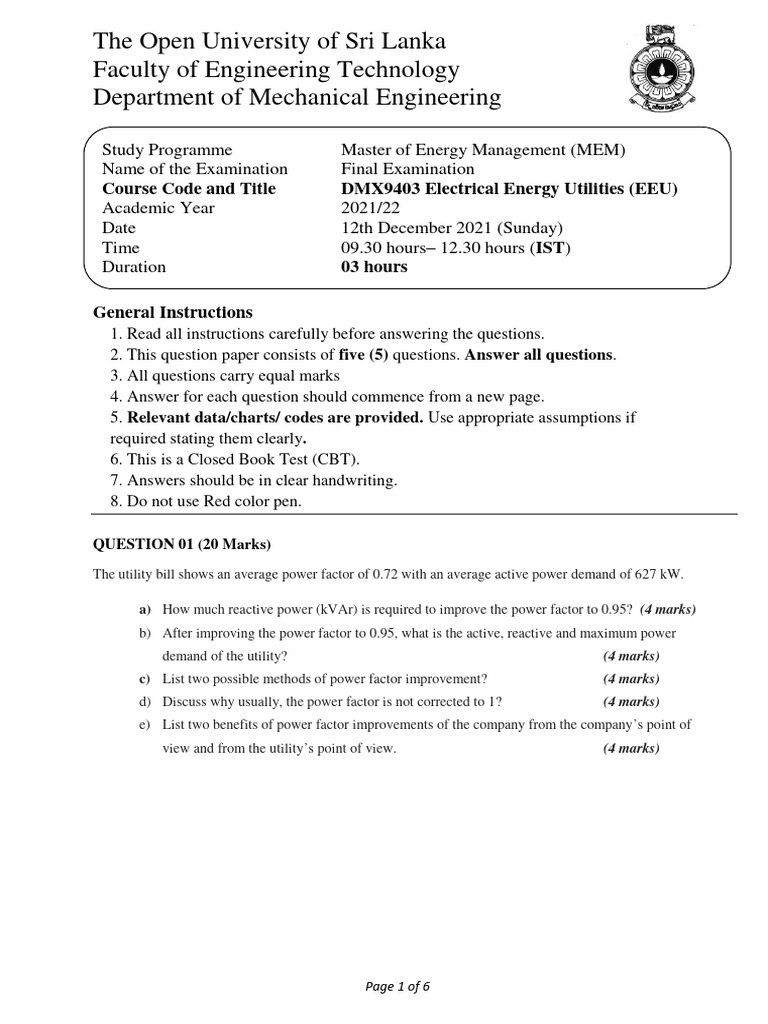 DMX9403 Electrical Energy Utilities (EEU) - Final Exam - 2021 | PDF | Pump | Lighting