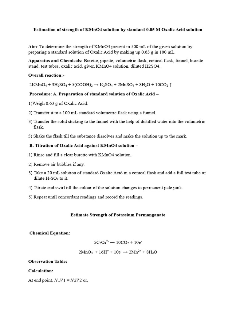 KMnO4 Strength Estimation via Oxalic Acid | PDF