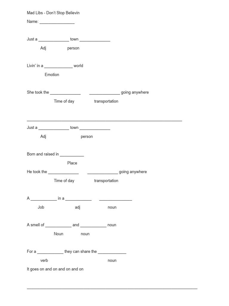Mad Libs Rap: Don't Stop Believin' | PDF