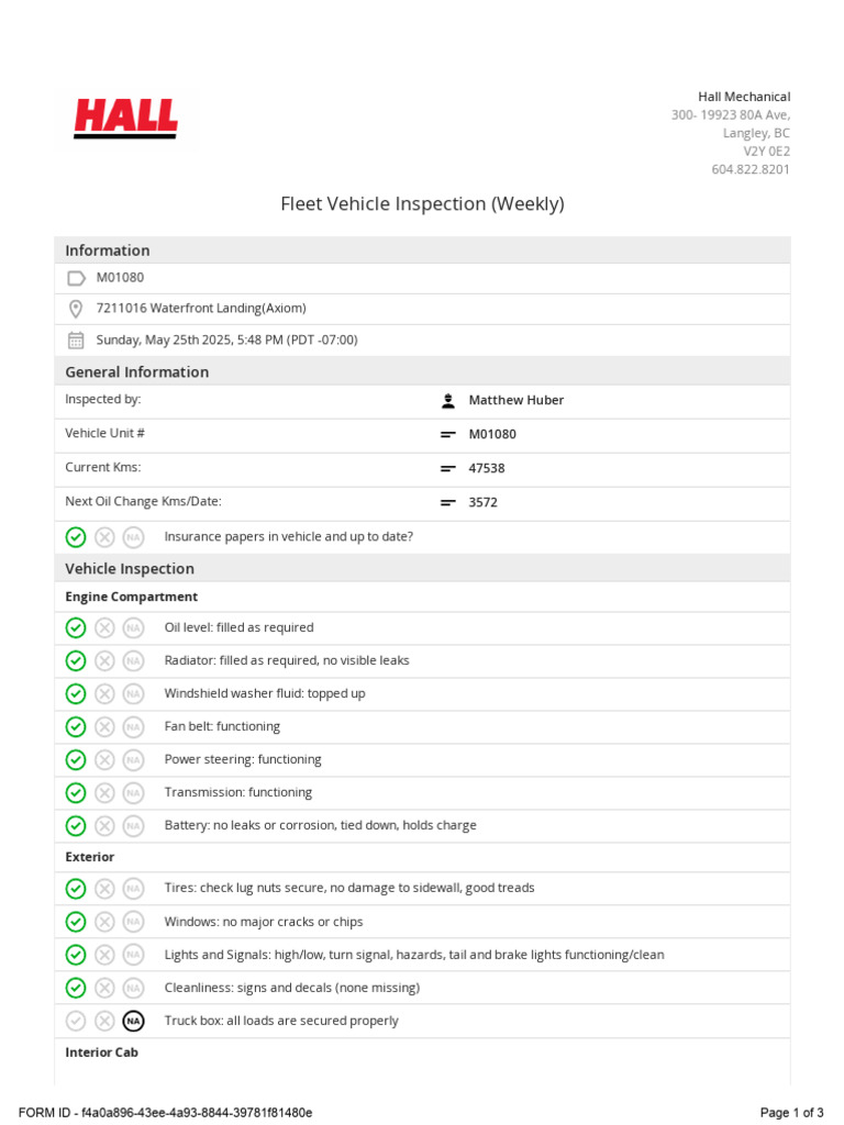 Fleet Vehicle Inspection Weekly 7211016 Waterfront Landing Axiom Sunday ...