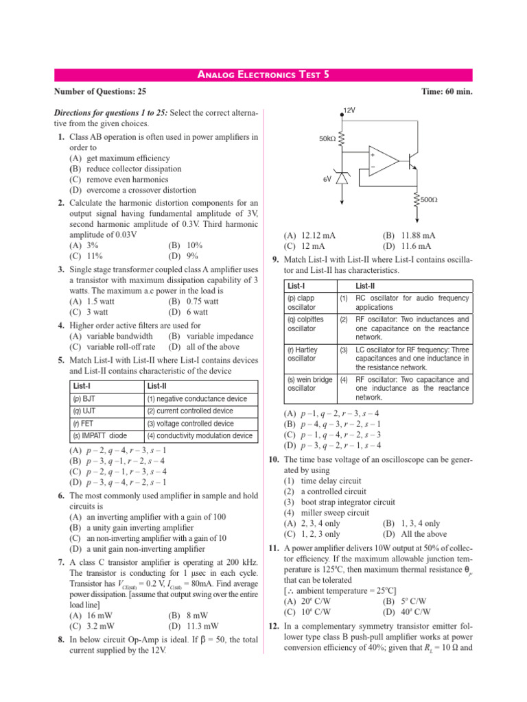 Analog Electronics Test Questions and Answers | PDF | Electronic ...