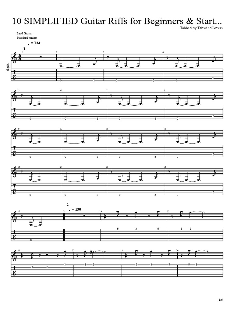 1 - 10 SIMPLIFIED Guitar Riffs For Beginners & Starters (Guitar Tabs PDF | PDF | Music Theory ...