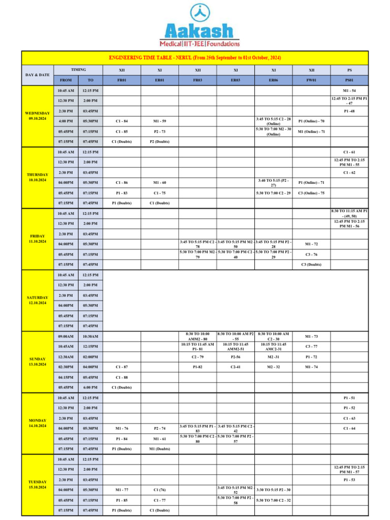 Engineering Time Table - Nerul 2024 | PDF