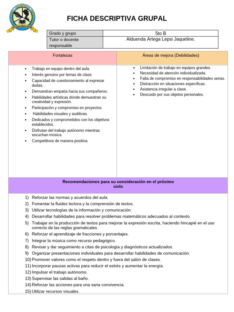 Ficha Descriptiva Grupal 5to B | PDF | Salón de clases | Aprendizaje