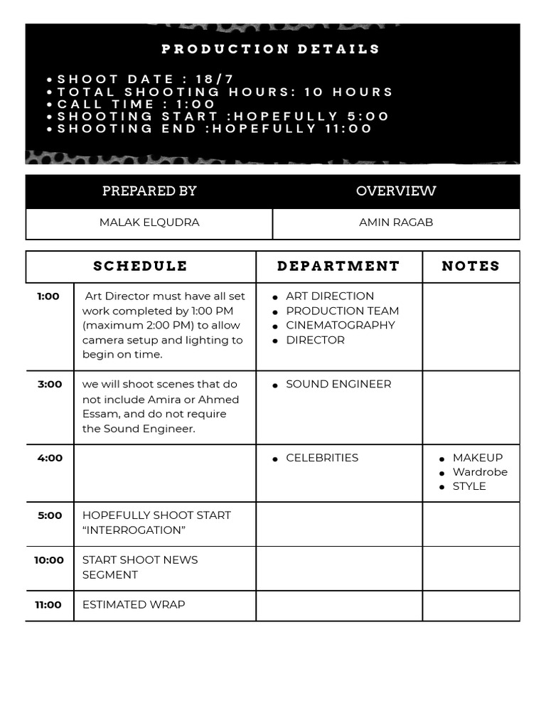 Production Schedule for Shoot Day | PDF