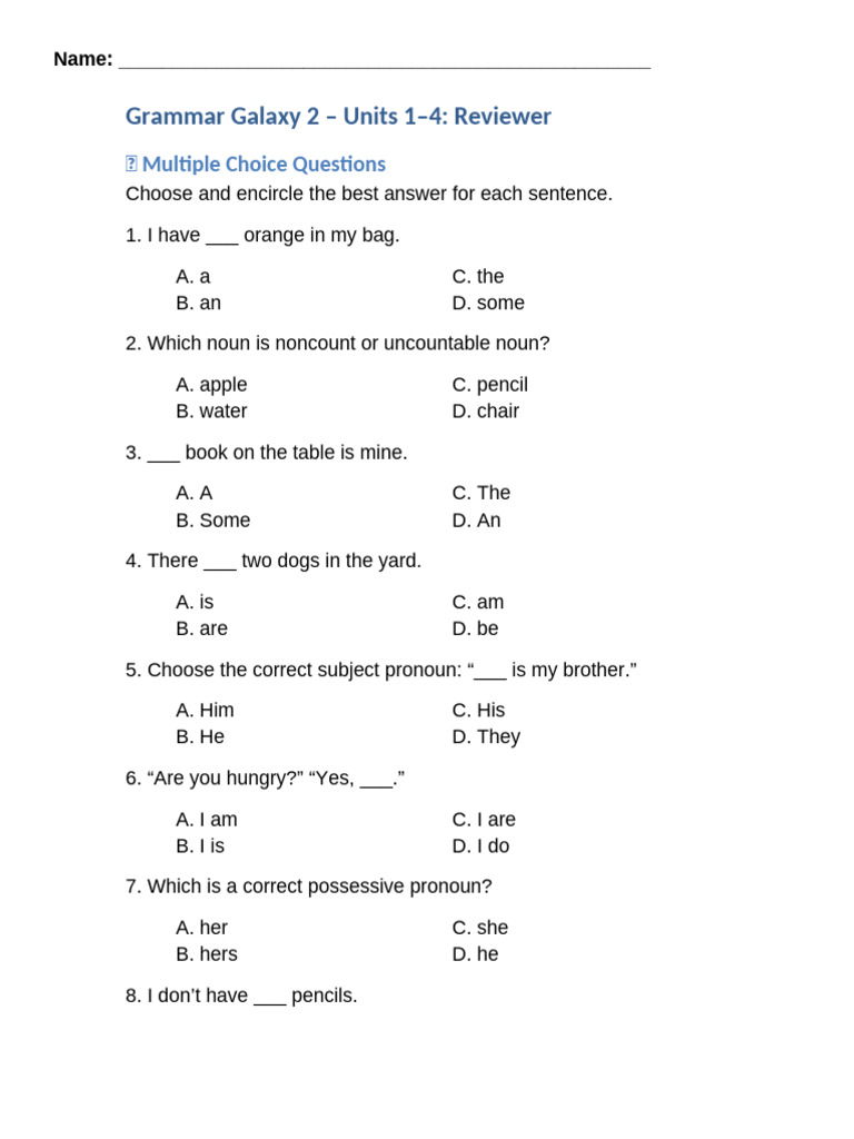 Grammar Galaxy 2 Units 1 To 4 Reviewer | PDF | Noun | Pronoun