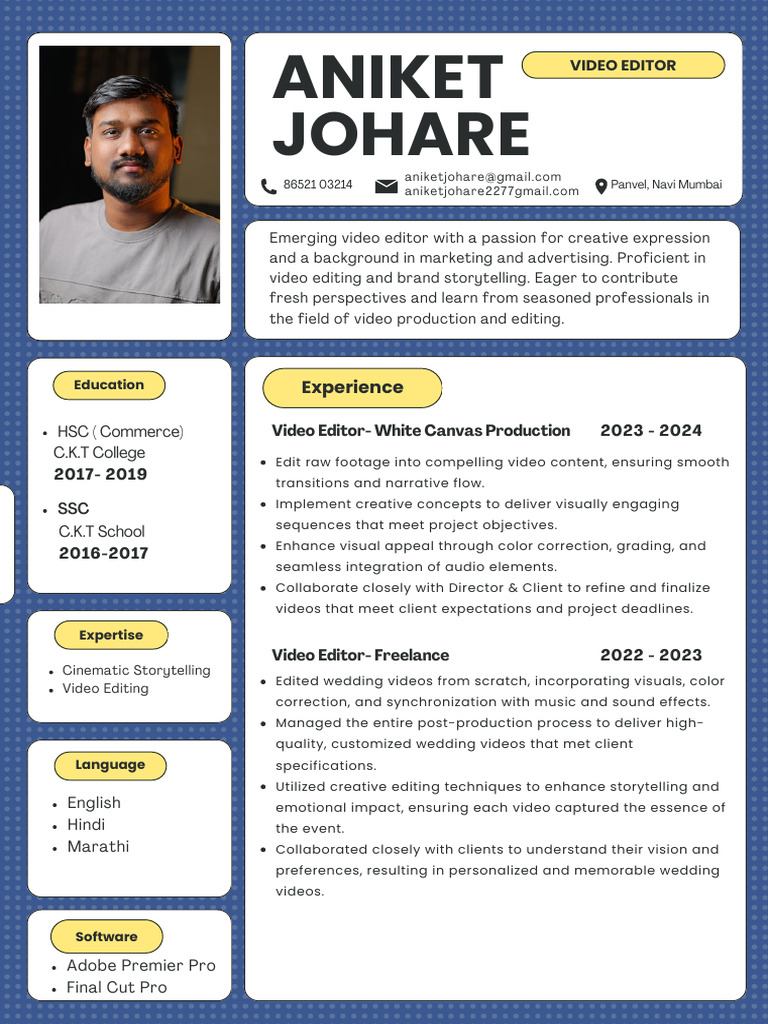 Aniket Johare - Video Editor | PDF | Editing | Human Communication
