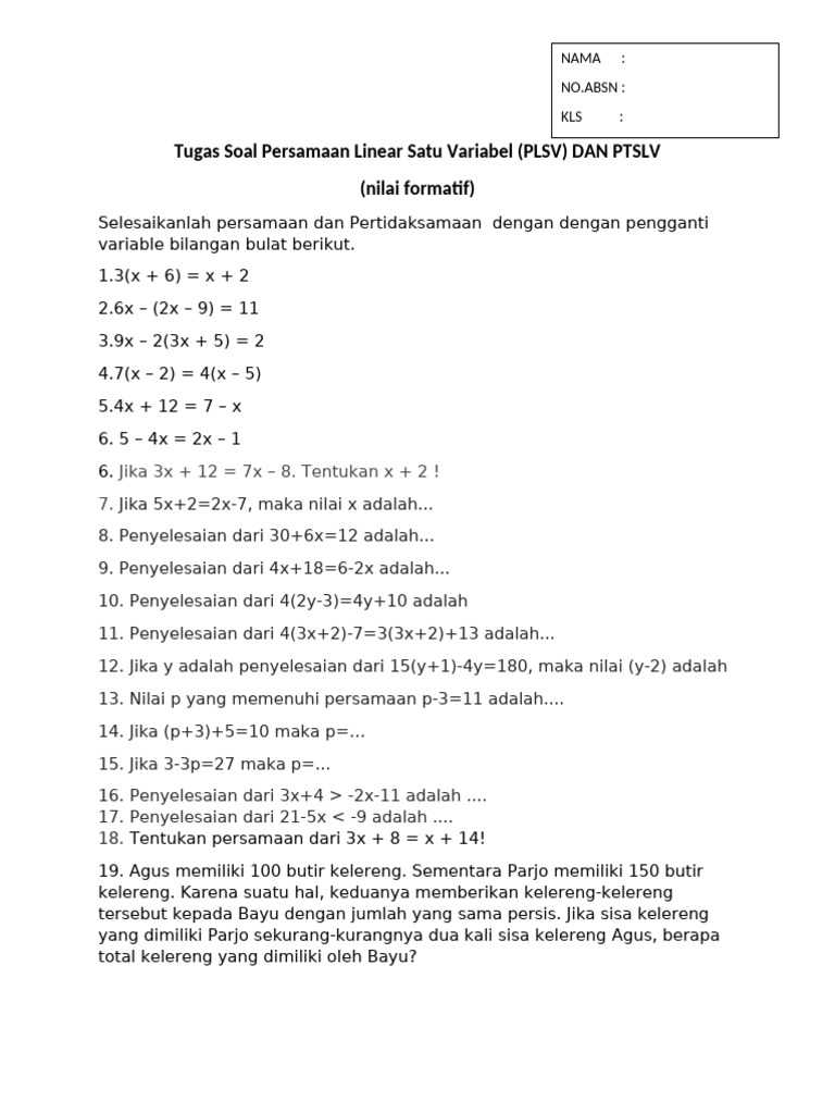 Soal Persamaan Linear Satu Variabel Kelas 8 | PDF