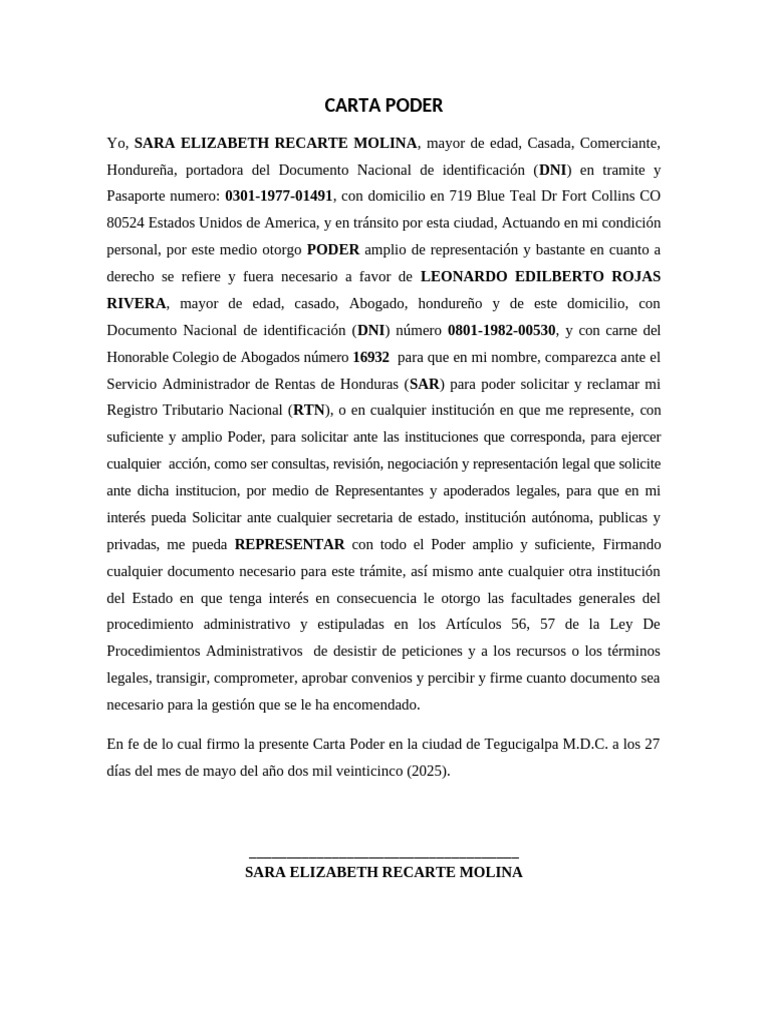 Carta Poder Sara Recarte RTN | PDF