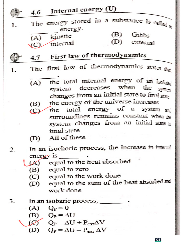 Chemical Thermodynamics Entrance Answer (Internal Energy) | PDF