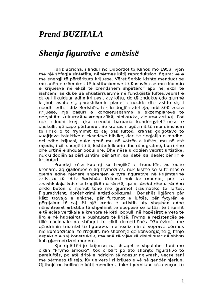 Prend Buzhala (Idriz Berisha Shenja Figurative e Amesise FAQET E PARA | PDF