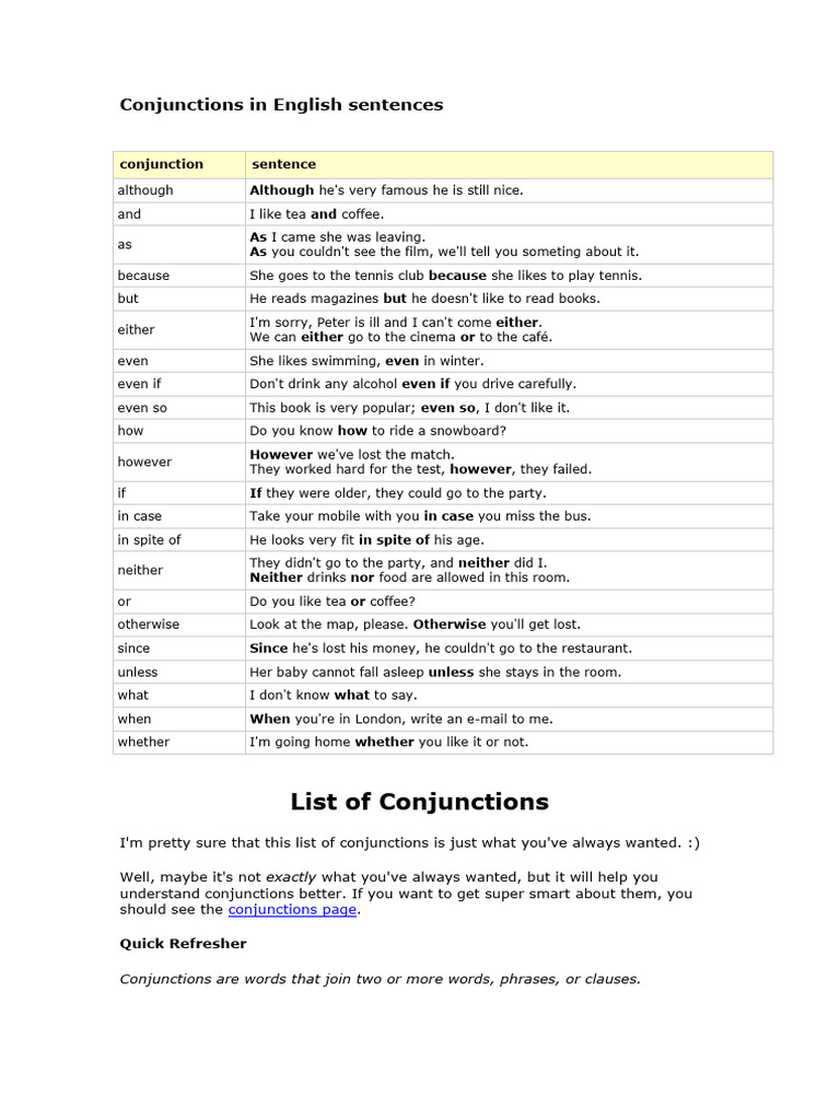 Conjunctions in English Sentences | PDF | Linguistics | Grammar
