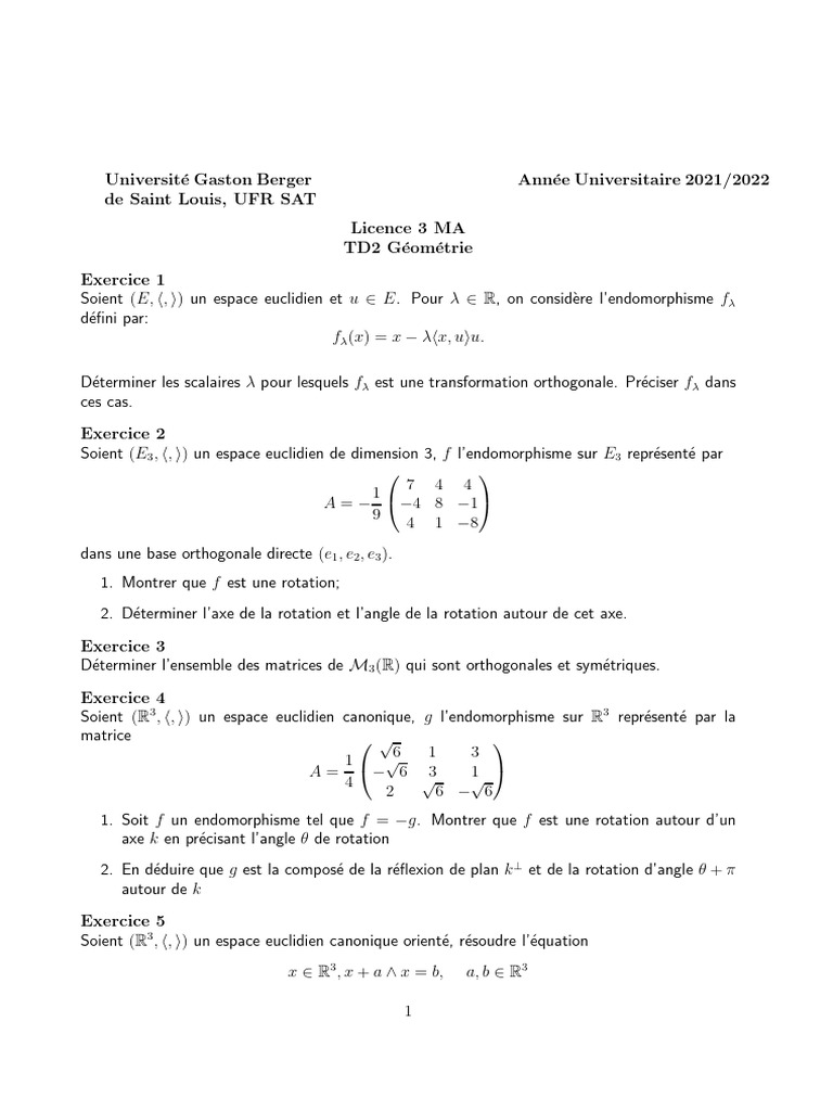 Exercices de géométrie en espace euclidien | PDF | Espace euclidien | Angle