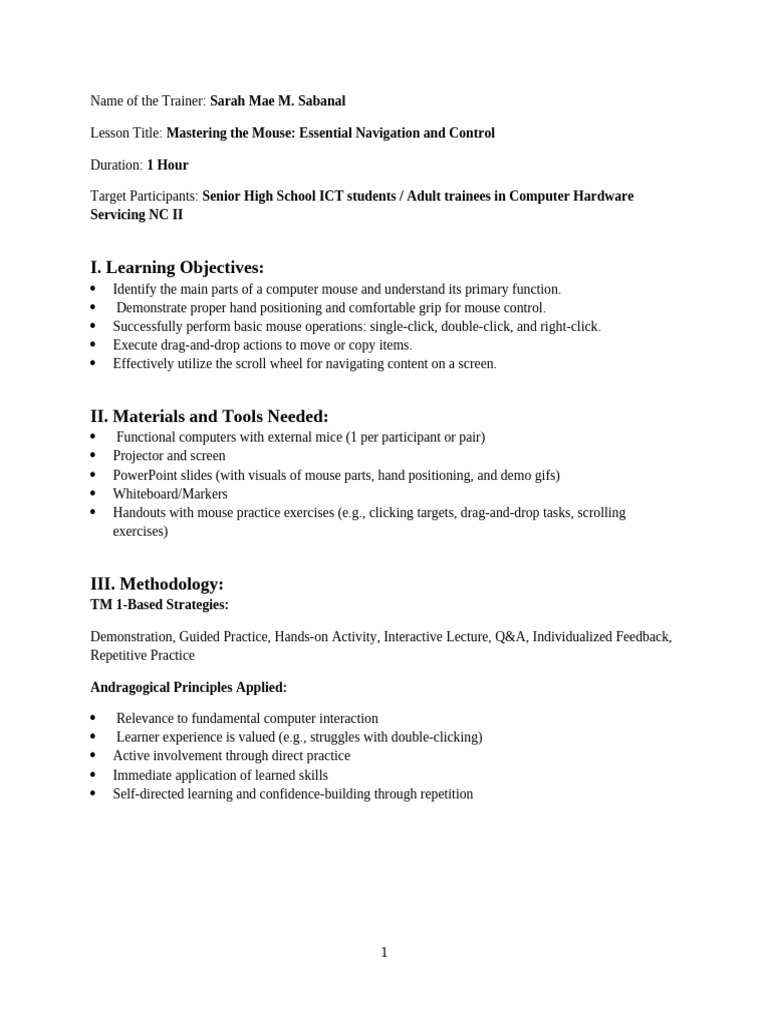 Mouse Lesson Plan Sabanal | PDF | Double Click | Icon (Computing)